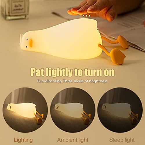 Fosucwin Cute Duck Night Light for Kids, Squishy Nursery LED Animal Night Lamp, Silicone Dimmable Timed Bedside Lamp Kawaii Light Up Lying Flat Duck Touch Light for Breastfeeding Girls Bedroom Decor
