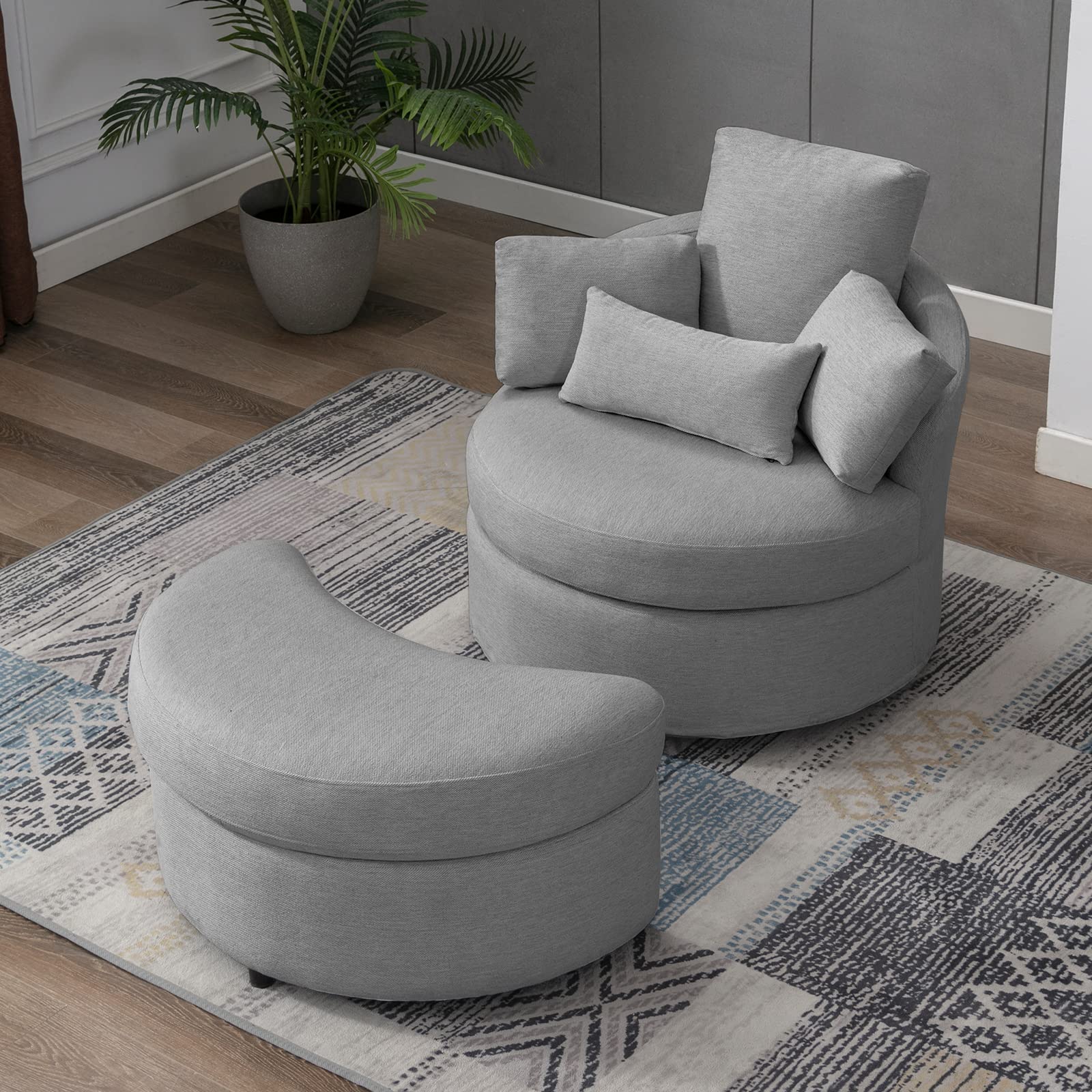 BALUS Modern Swivel Accent Barrel Sofa Chair, with Half Moon Storage Ottoman, Linen Fabric Leisure Round Chair,Sofa Lounge Chair with 3 Throw Pillow for Living Room Hotel/Club (Light Grey)