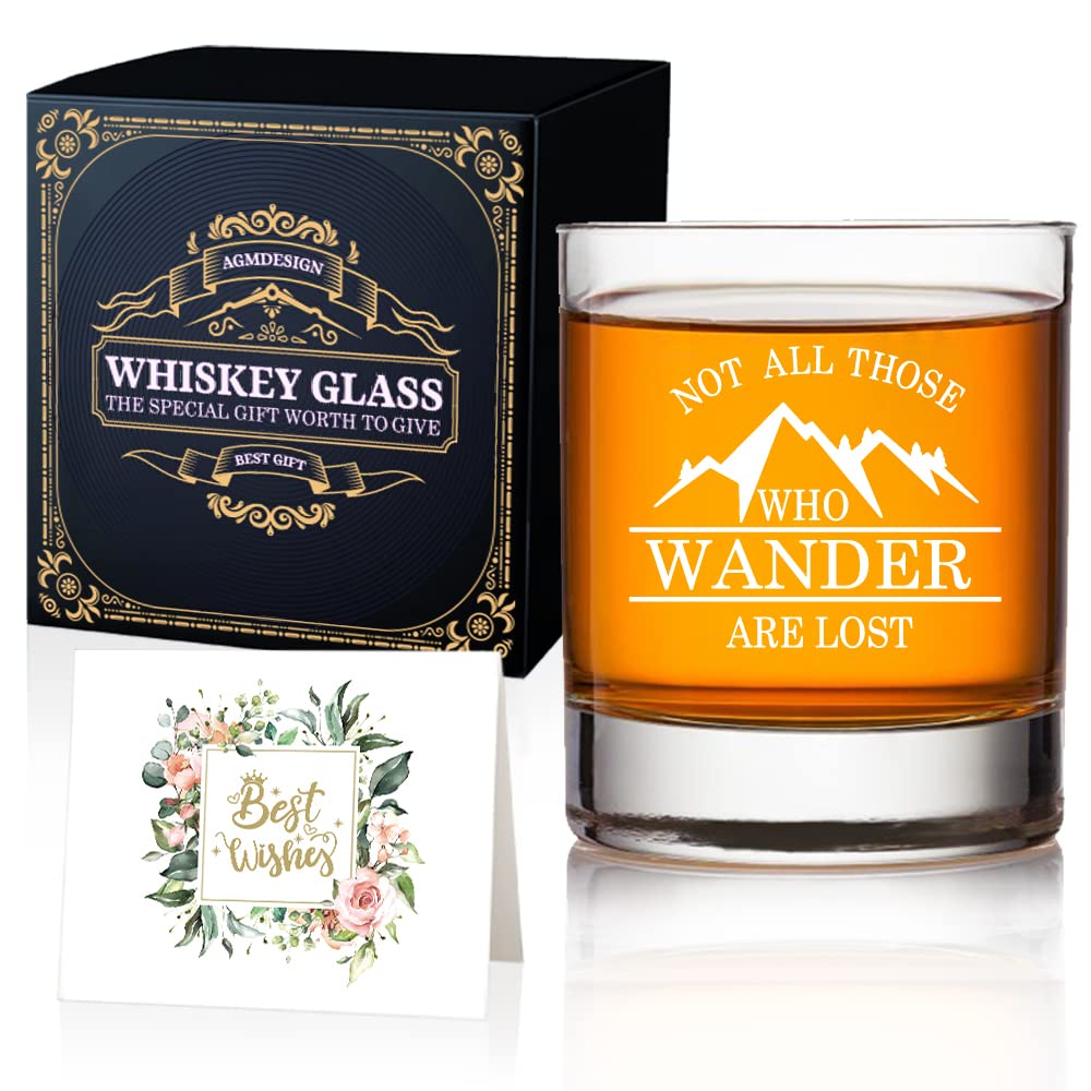 AGMdesign, Funny Not All Those Who Wander are Lost Whiskey Glasses, Unique Gift Idea for Outdoor Mountaineering Enthusiasts, For a Wanderlusting Hiker and Camper Friend