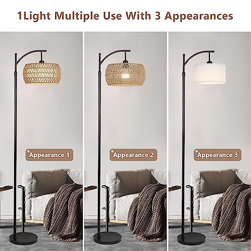 Arc Floor Lamp with Remote Control, Dimmable LED Floor Lamp with 3 Color Temperature, Black Standing Lamp with Rattan & Fabric Double Drum Shade, Boho Farmhouse Tall Pole Lamp for Living Room Bedroom