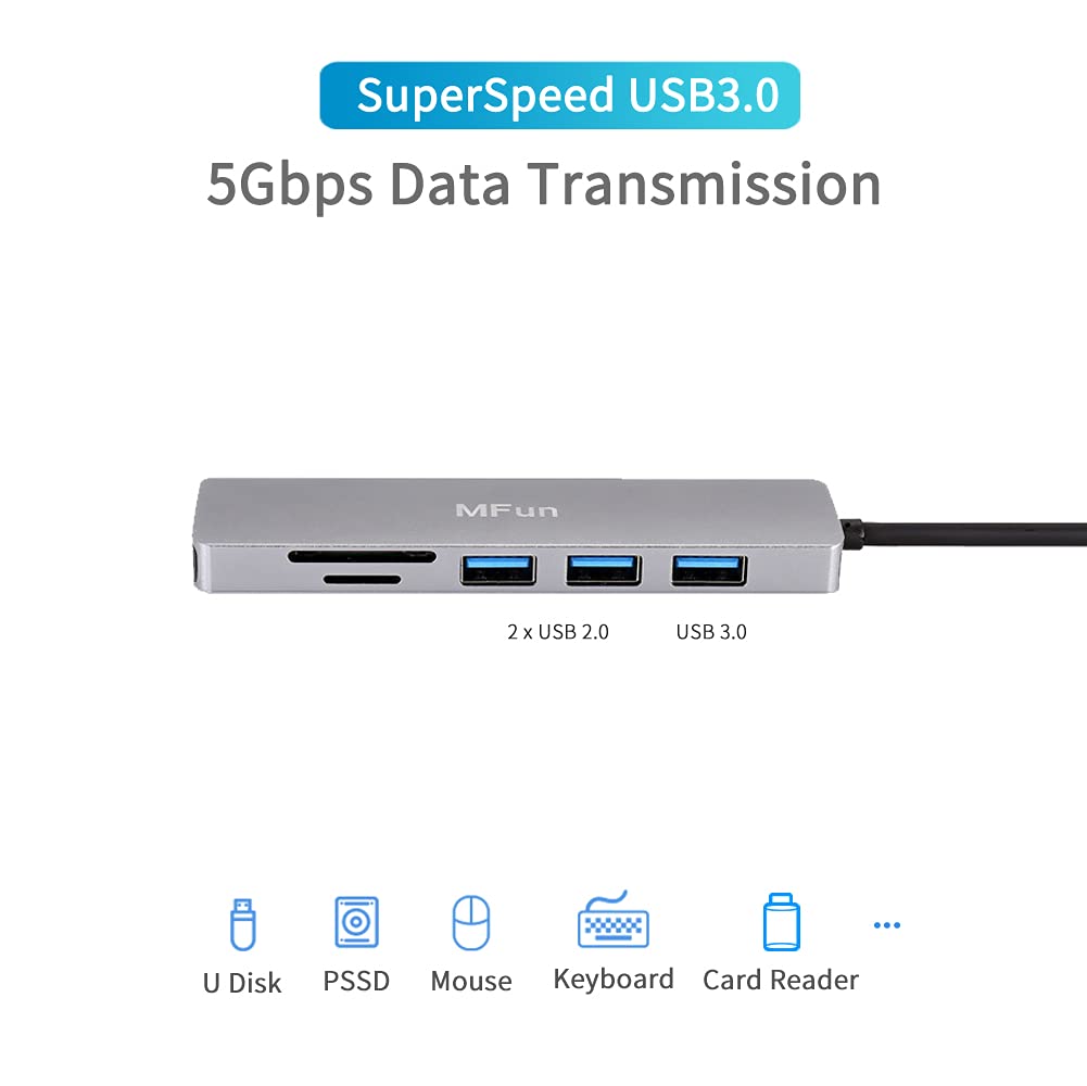 USB C Hub,MFun 6 in 1 USB C to HDMI Adapter with USB 3.0 Port,SD/Micro SD Card Reader,4K HDMI Compatible for USB C Laptops and Other Type C Devices
