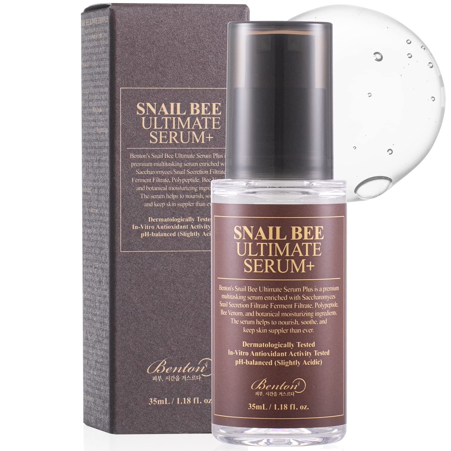 BENTON Snail Bee Ultimate Serum Plus 35ml (1.18 fl.oz.) - Snail Secretion Filtrate, Bee Venom, Tea Tree Leaf Water Contained Skin Nourishing & Soothing Facial Serum for Sensitive, Dry Skin