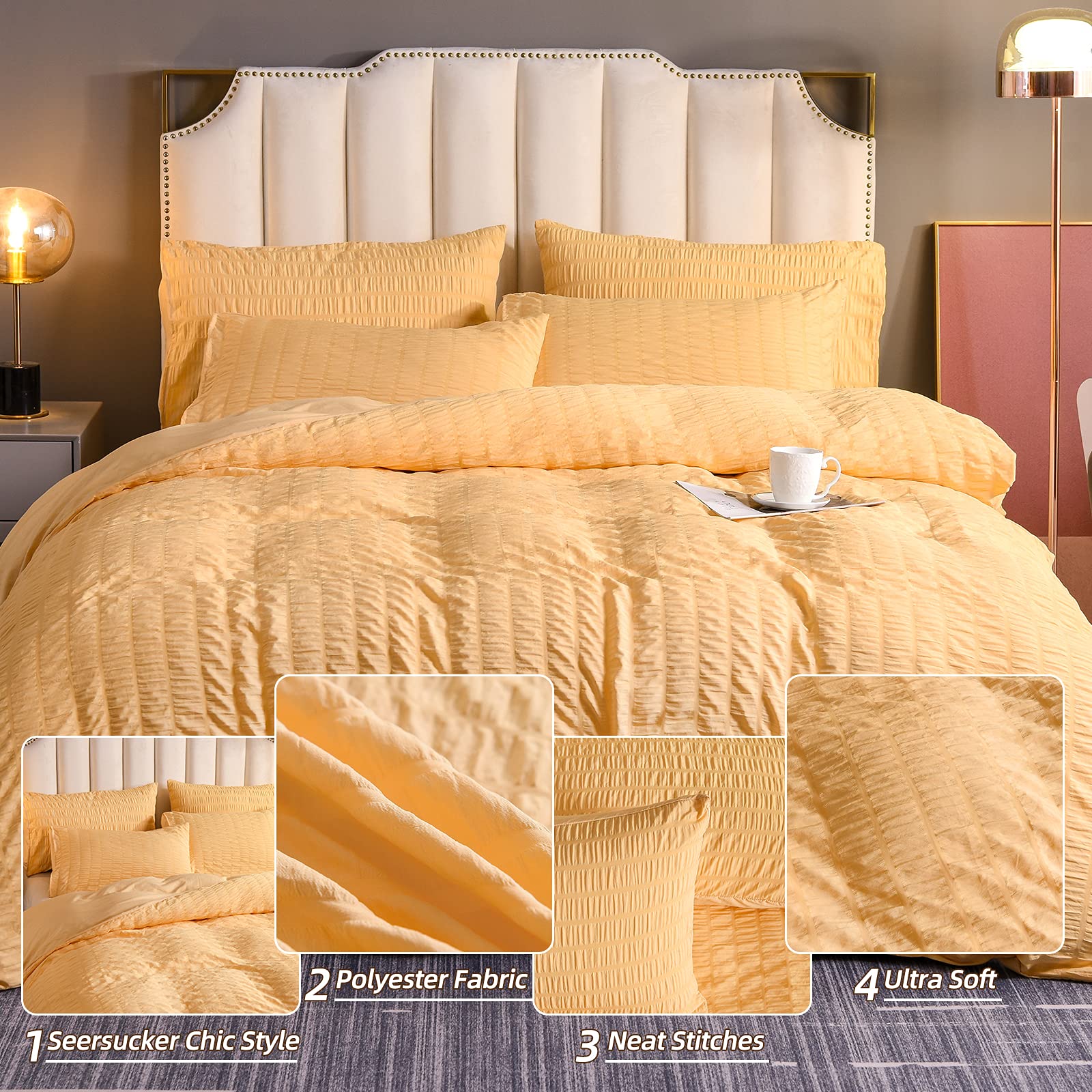 A Nice Night Seersucker Chic Comforter Set,Hotel Style Bedding Set,Soft Microfiber and Durable Bedding Set for All Seasons (Yellow, Queen(88-by-88-inches))