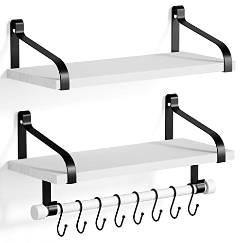 Love-KANKEI Floating Shelves for Coffee Bar,Bathroom Shelves with Wood Bar, Wall Shelves with 8 Hooks for Kitchen, 17.3 Inch Storage Shelves Set of 2 for Bedroom,Living Room,White