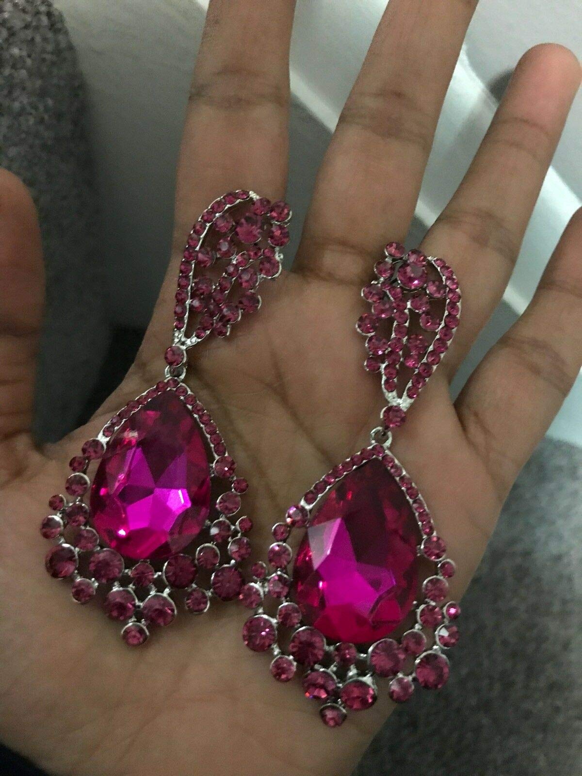 3.25" Long Hot Pink Fuchsia Dangle Pageant Rhinestone Crystal Silver Earrings