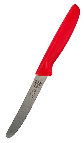 Meat Red Kitchen Knife - 4.5” Steak and Vegetable Knife - Razor Sharp Curved Tip, Serrated Edge - Color Coded Kitchen Tools by The Kosher Cook