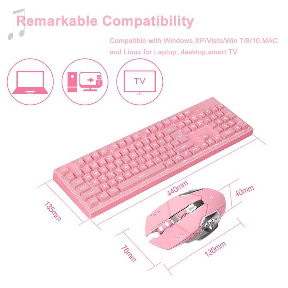Rechargeable Keyboard and Mouse,Soke-Six 2.4G Wireless Mechanical Feel Backlit Gaming Keyboard Mice Combo Home Office Gamer Design Use for Laptop Pc Mac (Pink)