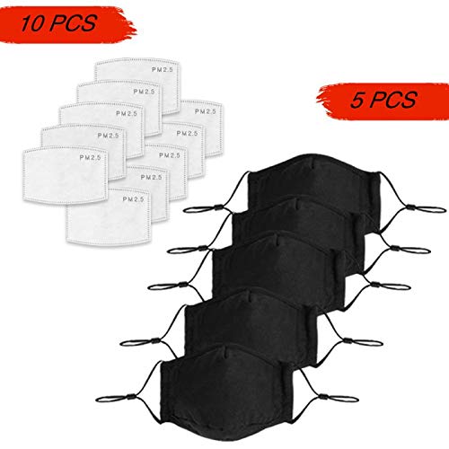 5 Pack Kids Reusable, Washable Black Facial Cotton Covering Children for Cycling Travel Outdoors Includes 10Pcs Filters