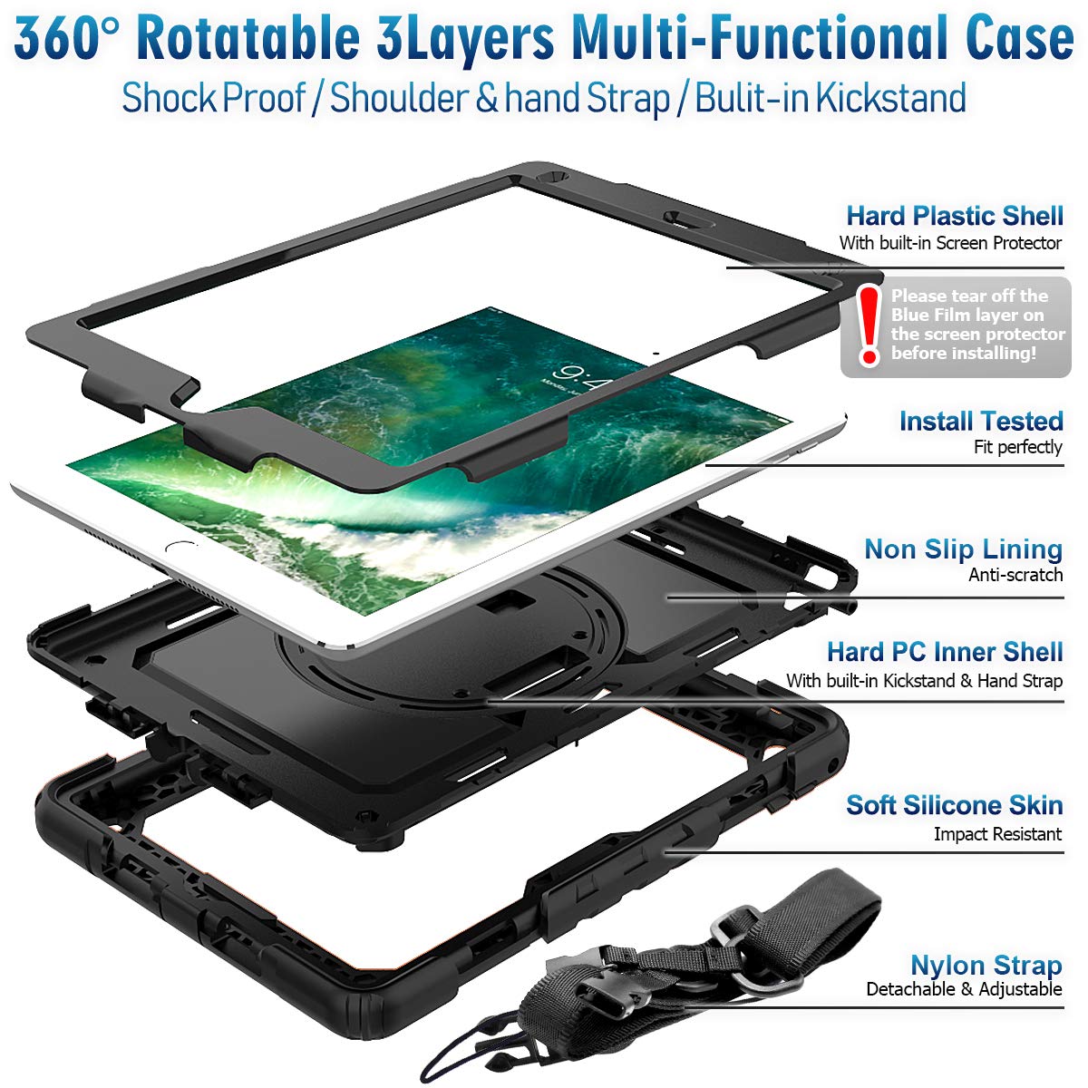 Timecity for iPad 6th/5th Generation Case, for iPad 9.7 inch Case 2018/2017 with Screen Protector, 360 Rotating Stand/Hand Strap, Full-Body Protective Case for iPad 6th/5th Gen/Air 2/ Pro 9.7''-Black
