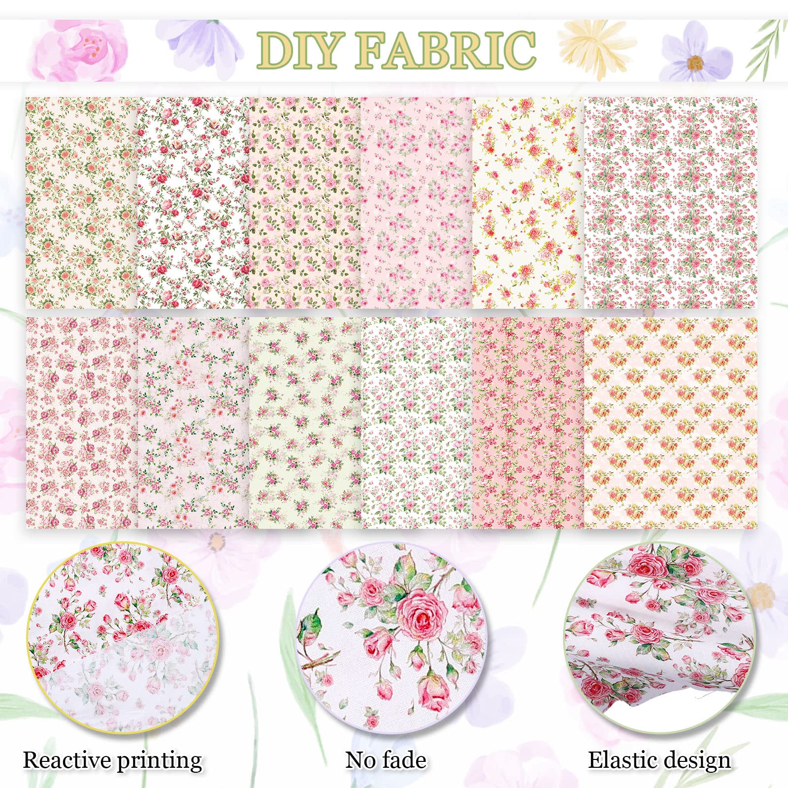 Whaline 12Pcs Spring Cotton Fabric Bundles 18 x 22 Inch Floral Quilting Fabric Patchwork Flower Pattern Precut Fat Quarters for Spring Birthday Sewing DIY Crafts Handmade Clothing