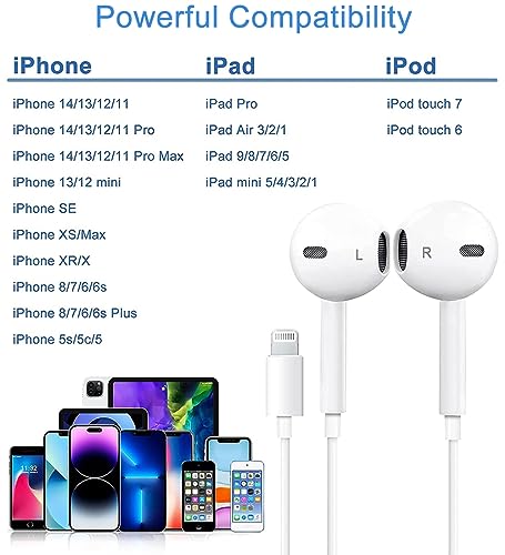 Apple Earbuds for iPhone Headphones Wired, Earphones with Lightning Connector [MFi Certified] Built-in Microphone & Volume Control, Noise Isolating Headsets for iPhone 14/13/12/11/XR/XS/X/8/7/SE-White