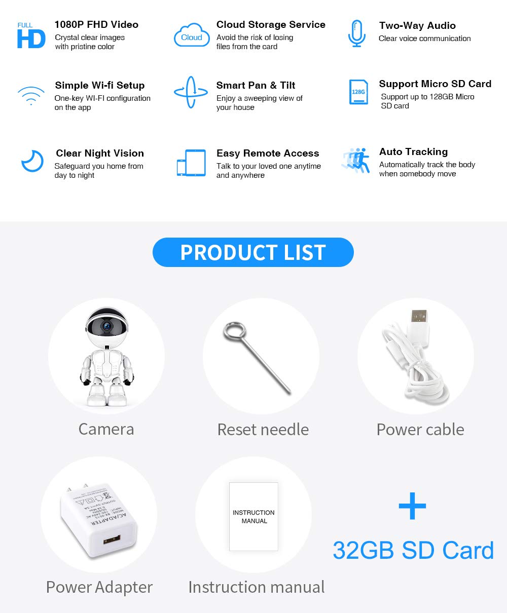 KuWFi Cloud Home Security IP Camera Robot Intelligent Auto Tracking Camera Wireless WiFi Baby Video Monitor Surveillance Camera 1080P