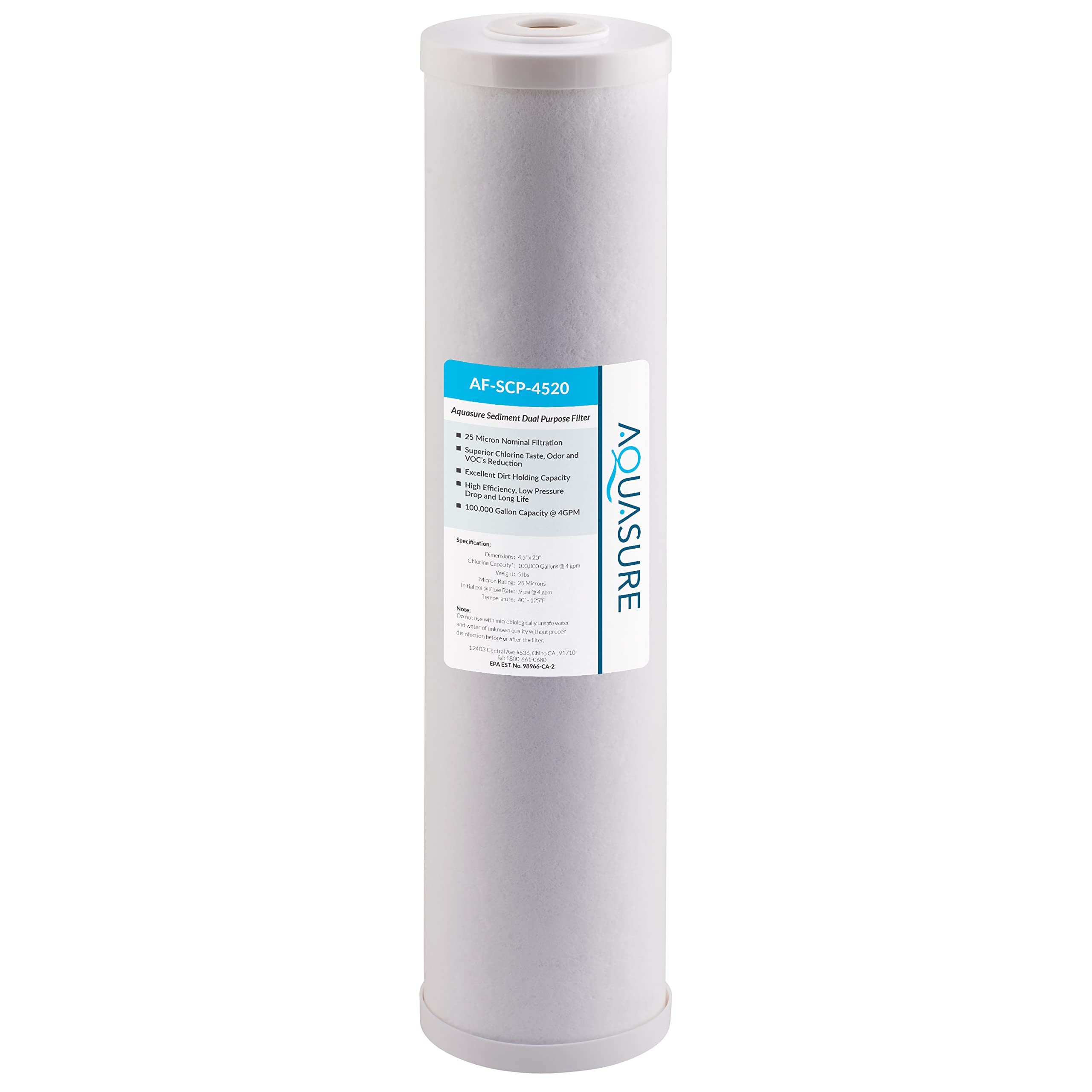 Aquasure Fortitude 25 Micron Sediment + GAC Carbon Mesh Whole House Replacement Water Filter - 20" x 4.5"