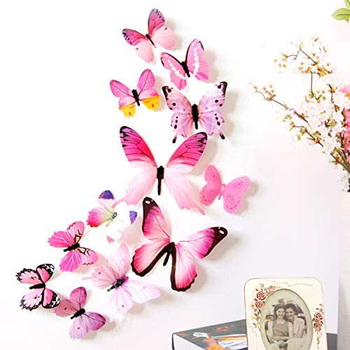 3D Butterfly Wall Sticker, 24 Pieces Plastic Decal Multi Size Simulation Butterflys Pink, Blue