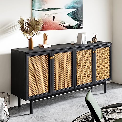 AMERLIFE 63'' Sideboard Buffets Cabinet, 2-Adjustable Shelves Storage Cabinet & 4 Doors, Large Accent Storage Credenzas for Living Room, Dining Room, Bedroom, Black,CBS002 102A