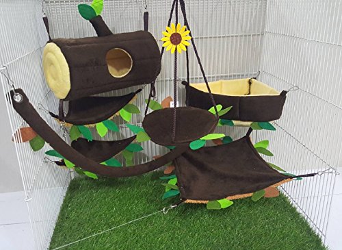 HOT! 7 Pcs/Set Cute Sugar Glider Hamster Marmoset Squirrel Chinchillas Small Pet Hanging Log + Edge Corner Dark Brown Cage Set Forest Pattern Get Free 1 Small Pet Treats, PB's REPUBLIX