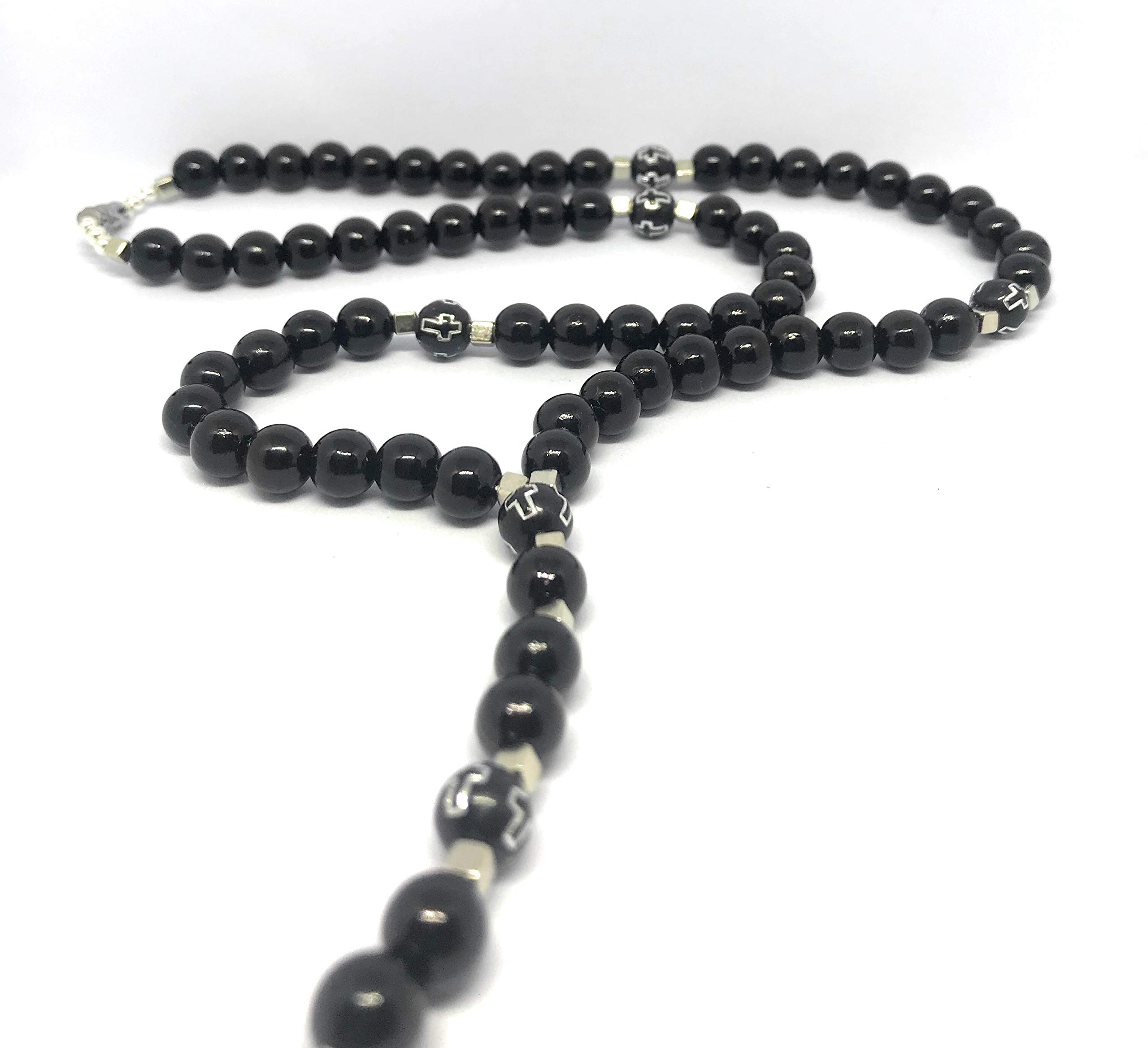 Acrylic Holy death's necklace, rosary style. Collar de la Santa Muerte de acrilico estilo rosario. Grim reaper Y style necklace.