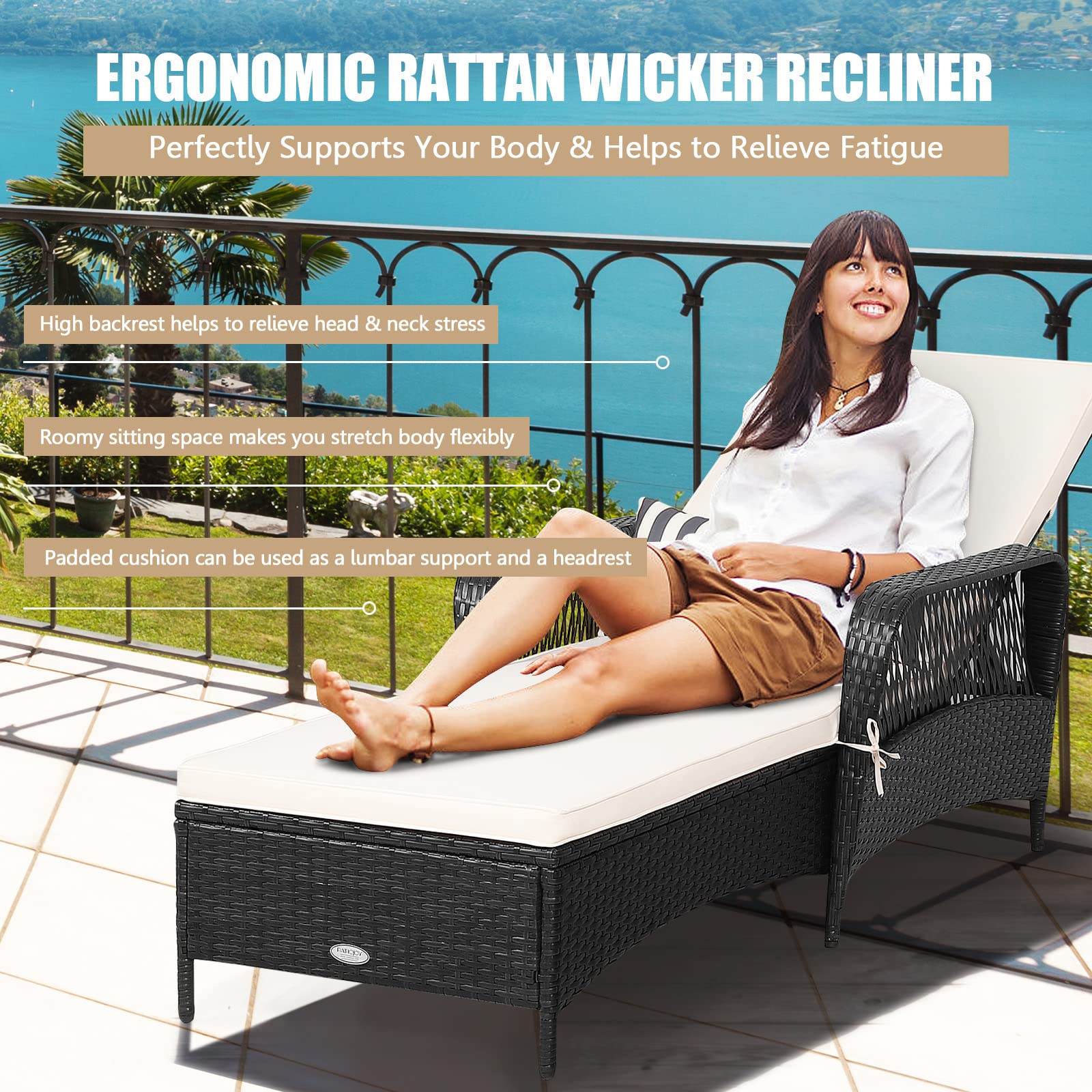 HAPPYGRILL 2 Patio Chaise Lounge Chair Set Outdoor Rattan Wicker Recliner with Thick Cushion, Lumbar Pillow, Adjustable Backrest for Garden Porch Lawn Poolside