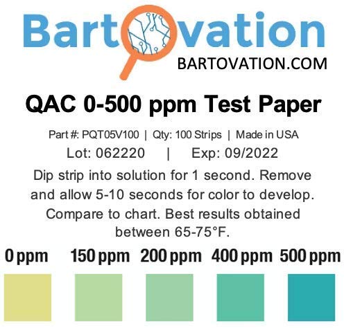 Restaurant Quaternary Ammonium (QAC, Multi Quat) Sanitizer Test Paper, 0-500 ppm [200 Paper Strips]