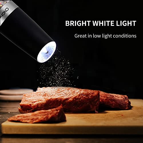 Electric Gravity Salt and Pepper Mill Set, Automatic Salt and Pepper Mill Grinder, Battery Operated with White LED Light, Adjustable Coarseness, One Handed Operation, Matte Black by ChiChefs