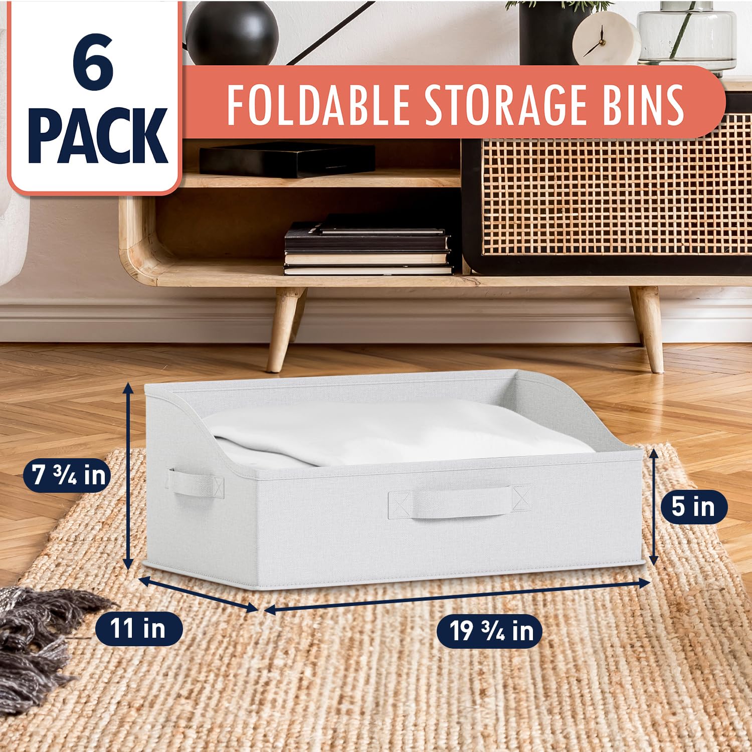 Ornavo Home 6 Pack Collapsible Trapezoid XLarge Storage Bins, Foldable Fabric Shelf Storage Basket Closet Organizer and Large Storage Box for Clothes with Handles, White
