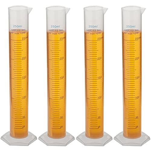 Plastic Graduated Cylinder Set - Education Equipment for Industrial and Academic Labs - Polypropylene Plastic - Science Research, Chemistry Classroom Supplies (250mL, 4-Pack)
