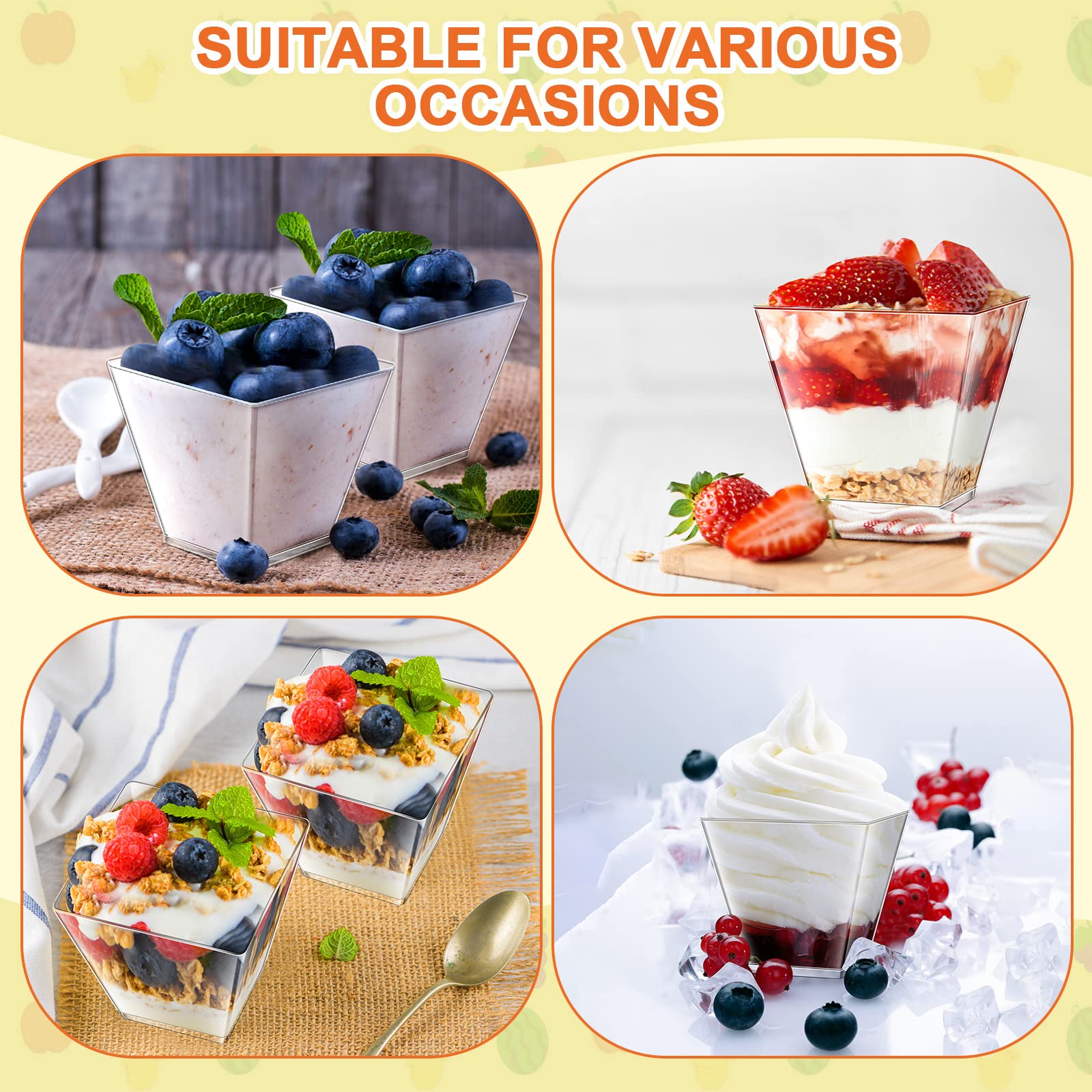 600 Pcs 3.4 oz Plastic Dessert Cups Parfait Cups with Lids and Spoons Mini Appetizer Cups Clear Square Disposable Cups Dessert for Pudding Fruit Ice Cream Wedding Baby Shower Birthday Decorations