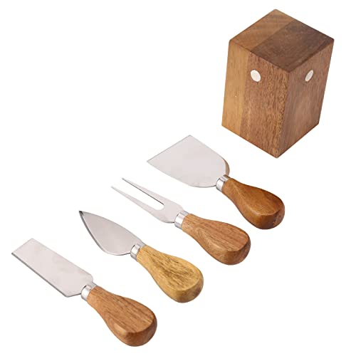 olelo 4 Pieces Cheese Knives Set Includes 4 Stainless Steel Cheese Slicer Cheese Cutter with Wooden Handle & 1 Wooden Magnetic Block Standā¦