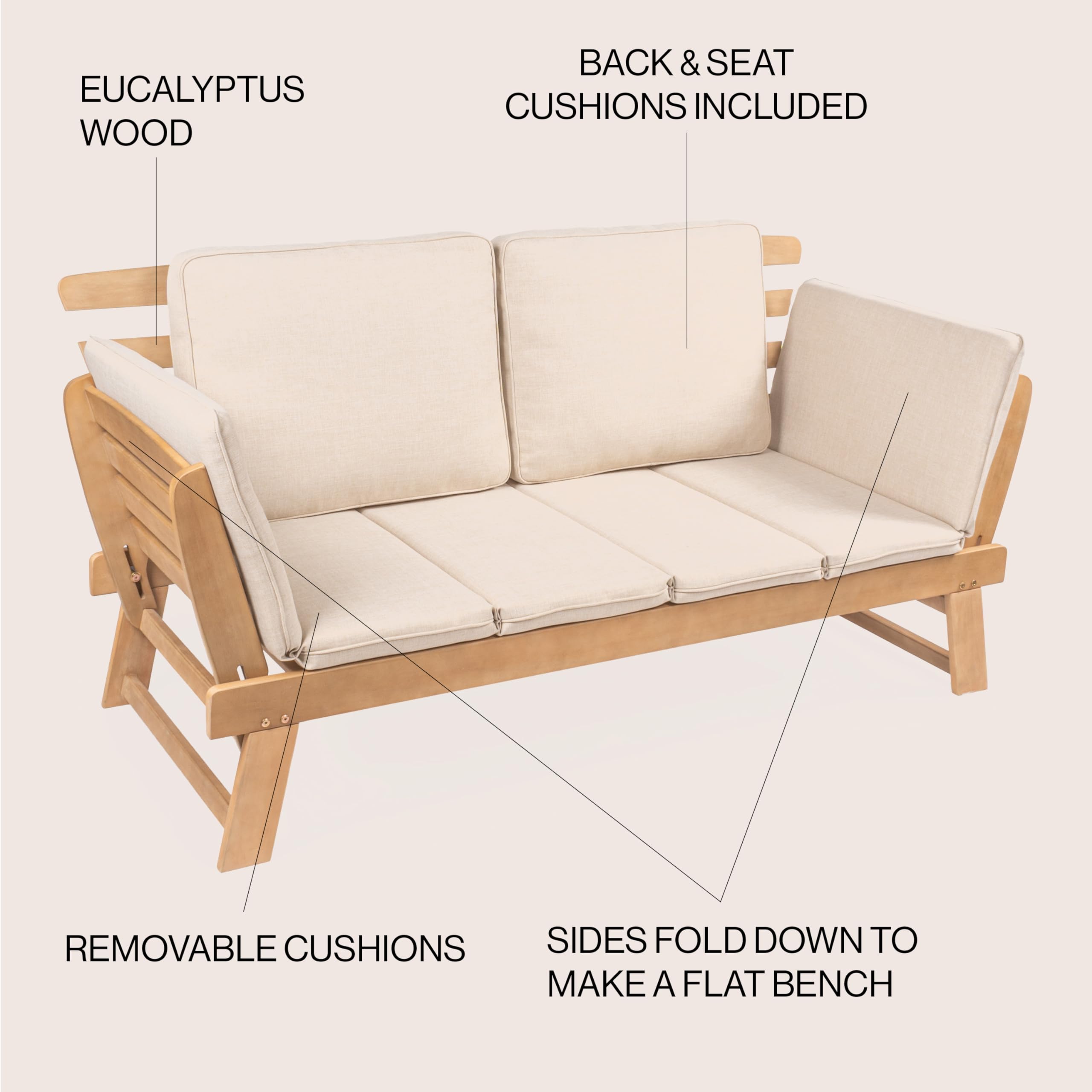 JONATHAN Y SFB1000A Hartley 2-Seat Modern Scandinavian Folding Wood Outdoor Day Bed Sofa Mid-Century, Classic, Transitional, Industrial for Backyard, Patio, Porch, Beige/Light Teak