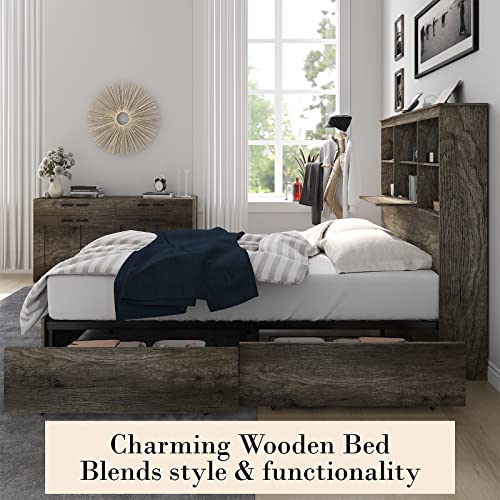 AMERLIFE King Size Bed Frame Wooden Platform Bed with 51.2'' Storage Bookcase Headboard, 4 Storage Drawers & Charging Station/No Box Spring Needed/Noise Free/Rustic Grey,WBF-142