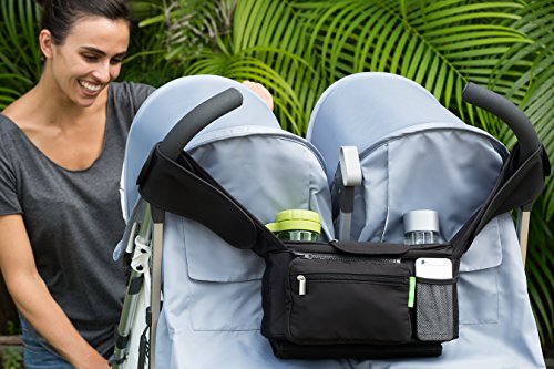 Ethan & Emma Double Stroller Organizer with Cup Holders - Fits Both Single & Double Strollers - Secured Fit & Extra Storage - Universal Stroller Organizer and Stroller Accessory Black