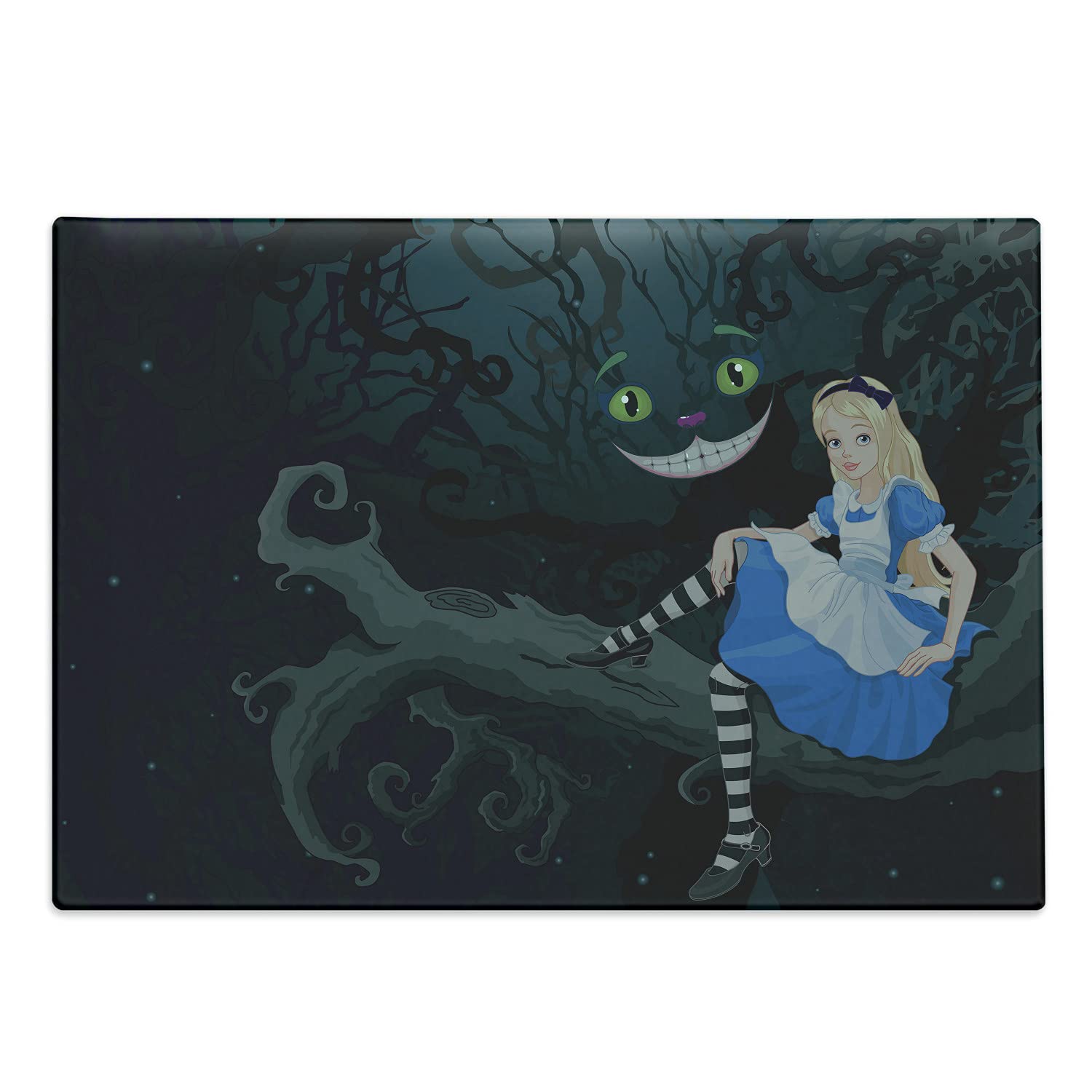 Ambesonne Alice in Wonderland Cutting Board, Alice Sitting on Branch and Chescire Cat in Darkness Cartoon Style, Decorative Tempered Glass Cutting and Serving Board, Large Size, Multicolor