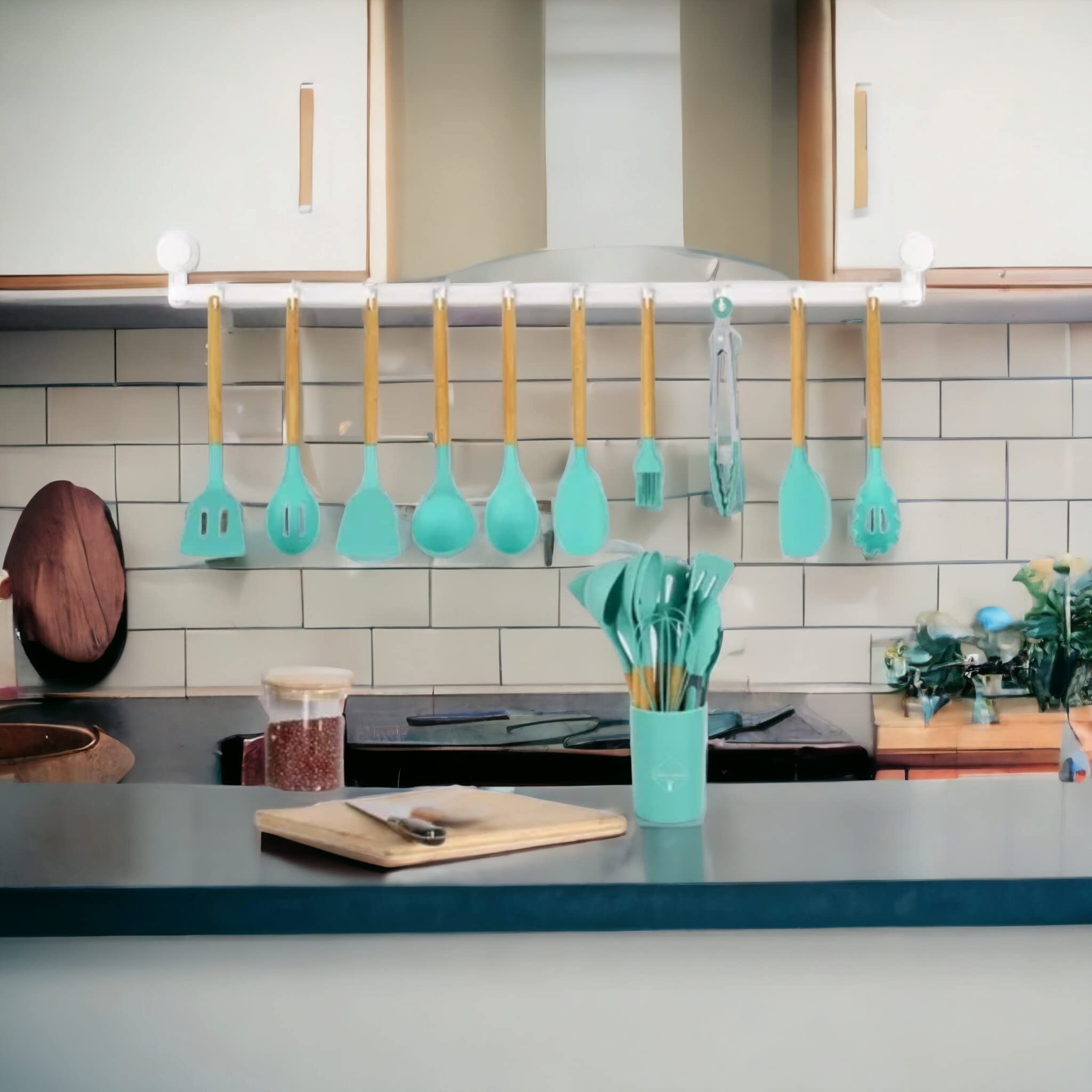 33 pieces.β Kitchen Utensils Set for cooking. Comes with 5 kitchen cleaning cloths, Utensil set with holder, spatula, so gadgets, silicone kitchen utensils wood handle.