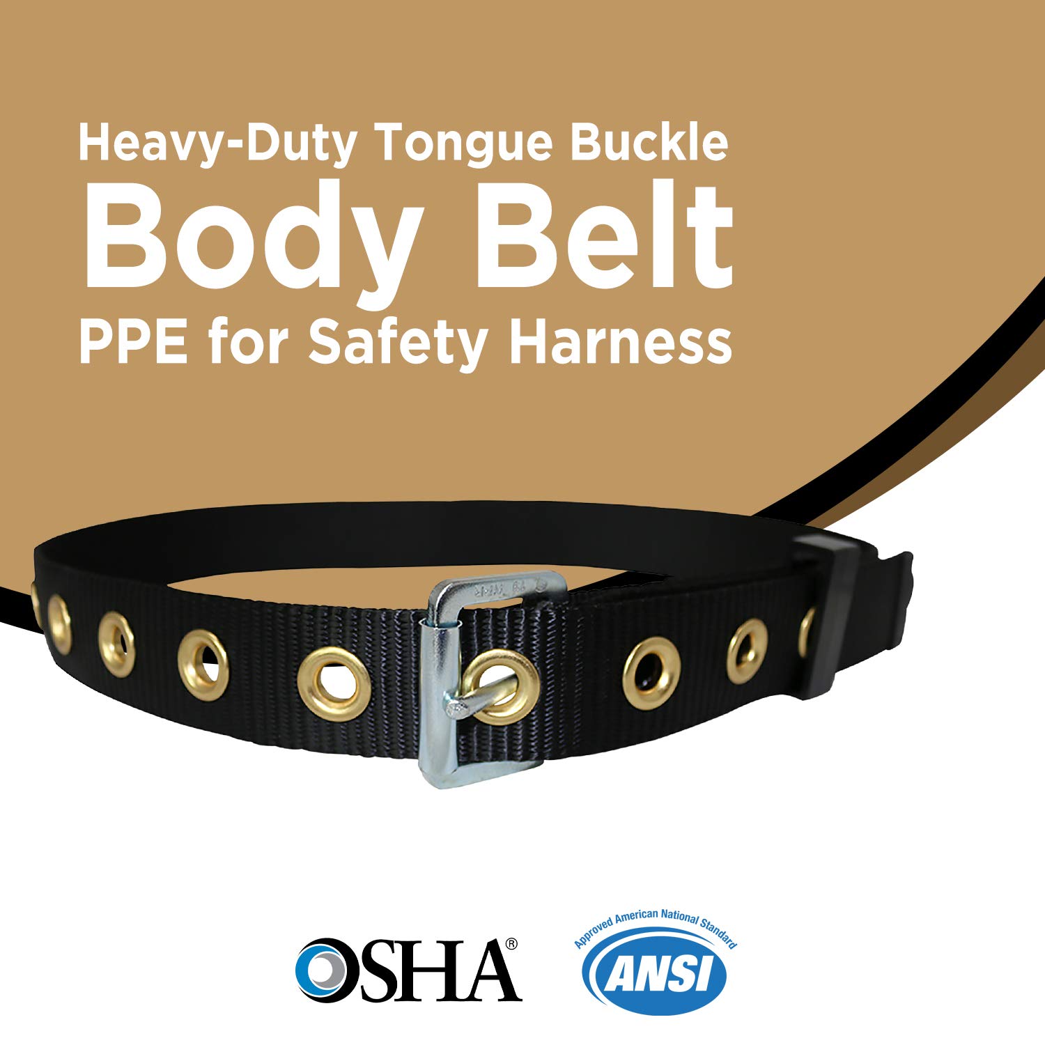 AFP Heavy-Duty Tongue Buckle Body Belt, PPE for Safety Harness, Work Positioning Restraint, Construction, Climbing, Fall-Protection (OSHA/ANSI Compliant), 1.75'' Wide, Black (Medium)