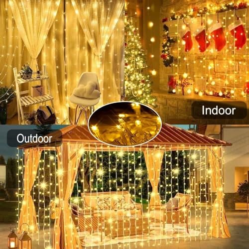 600 LED Solar Curtain Lights Outdoor Remote Control Gazebo Light 8 Modes Waterproof Waterfall Fairy Light String Window Wall Hanging Solar Patio Light Outside Wedding Party Christmas Decor, Warm