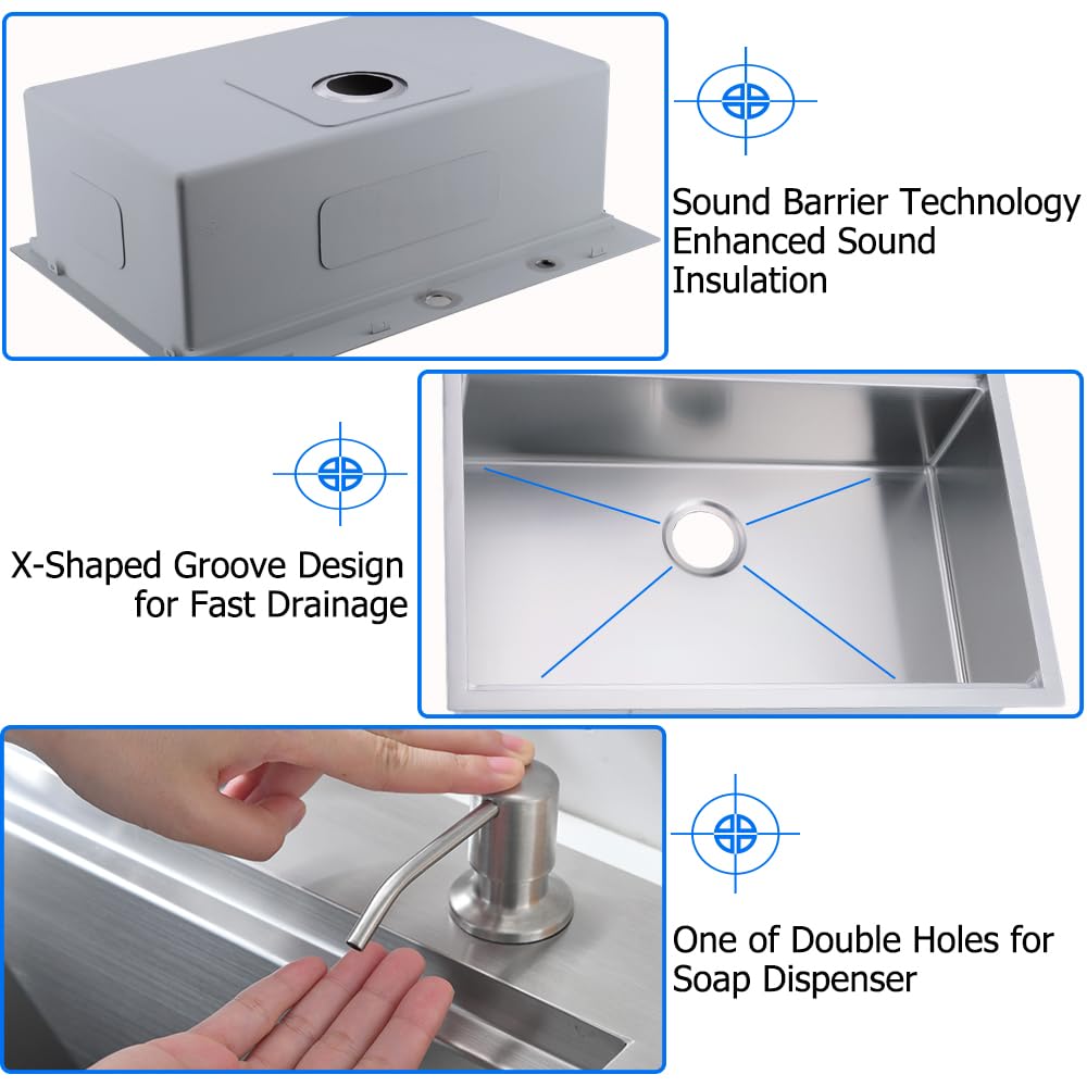 33-inch Drop in Kitchen Sink Workstation, BoomHoze 33x19 Topmount Drop-in Kitchen Sink 16 Gauge Stainless Steel Kitchen Sink Handmade Single Bowl Deep Kitchen Sink with Cutting Board