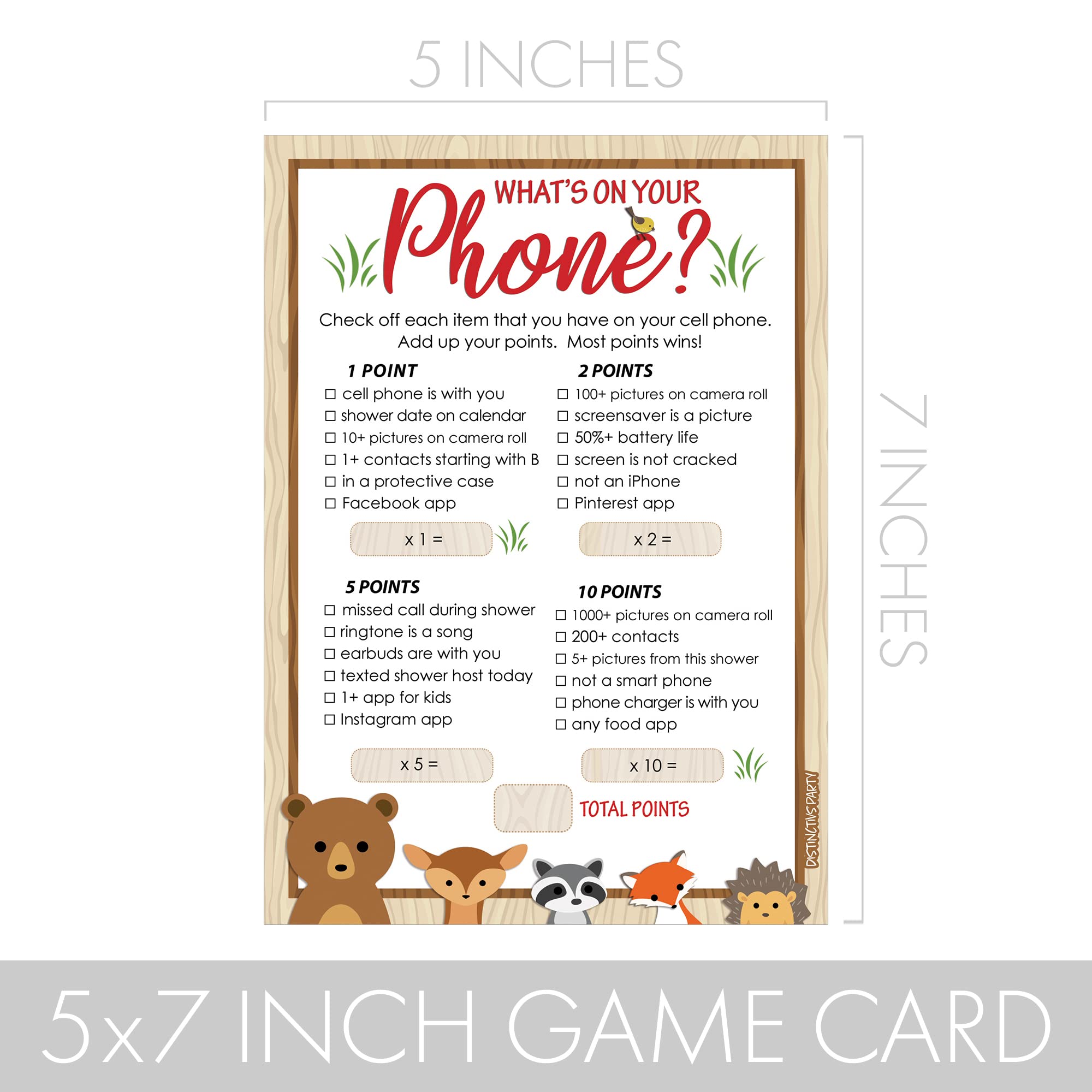 DISTINCTIVS What's On Your Phone - Woodland Baby Shower Game - 20 Cards