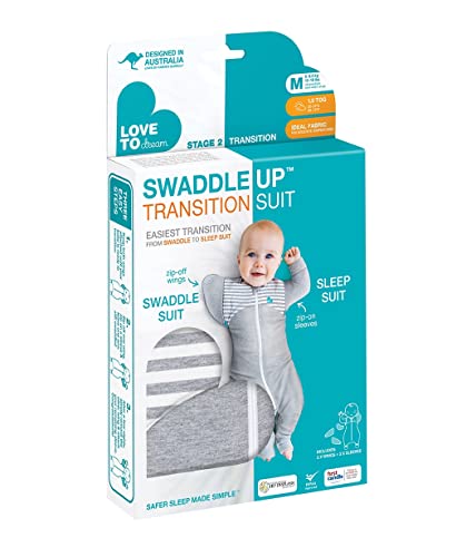 Love to Dream Swaddle UP Transition Suit, Gray, Medium, 13-19 lbs, Patented Zip-Off Wings and Unique Self-Soothing Sleeves, Safely Transition from Swaddled to Arms-Free Before Rolling Over