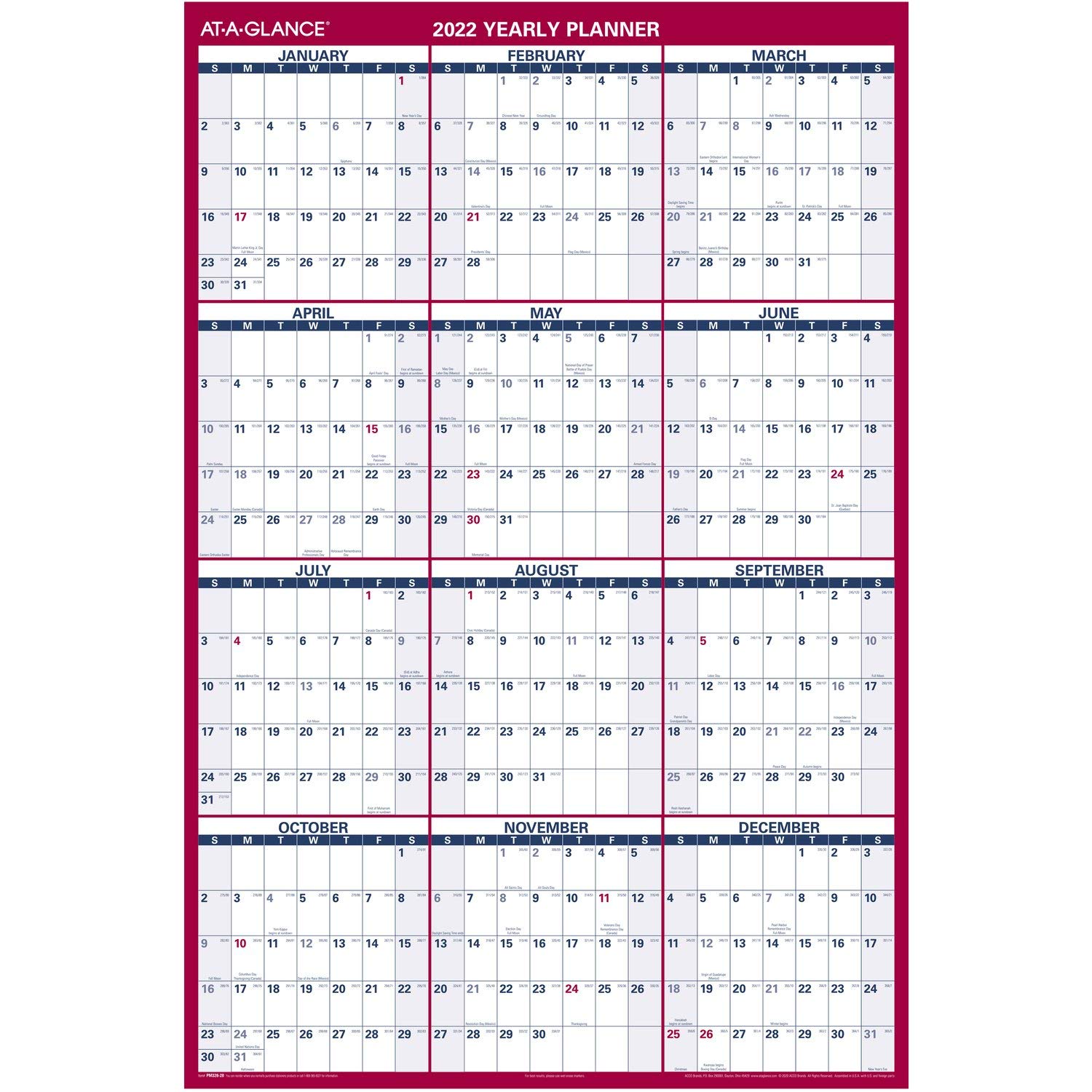 2022 Erasable Calendar, Dry Erase Wall Planner by AT-A-GLANCE, 48" x 32", Jumbo, Vertical/Horizontal, Reversible (PM32628)