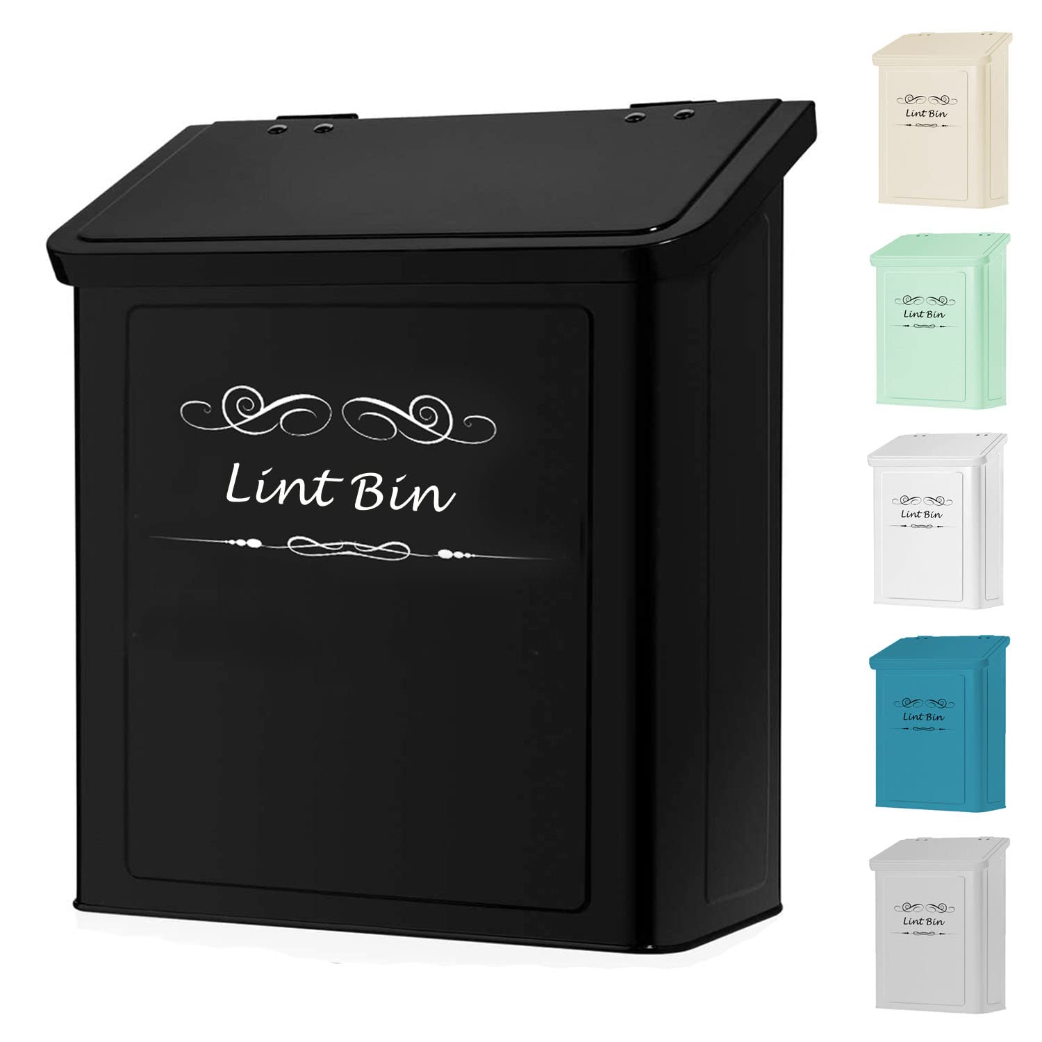 ELITAPRO Lint Holder Bin for Laundry Room - Farmhouse Magnetic Lint Bin with Lid - Wall Mounted Laundry Trash Can for Dryer, Washer - Laundry Room Organization and Storage - Hanging Lint Box (Black)