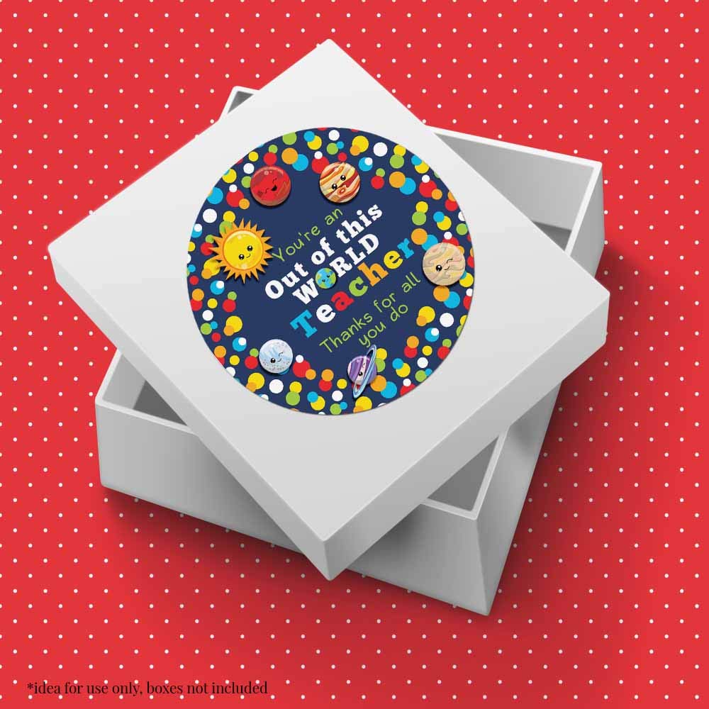 Out of This World Outer Space Themed Teacher Appreciation Thank You Sticker Labels, 40 2" Party Circle Stickers by AmandaCreation, Great for Envelope Seals & Gift Bags