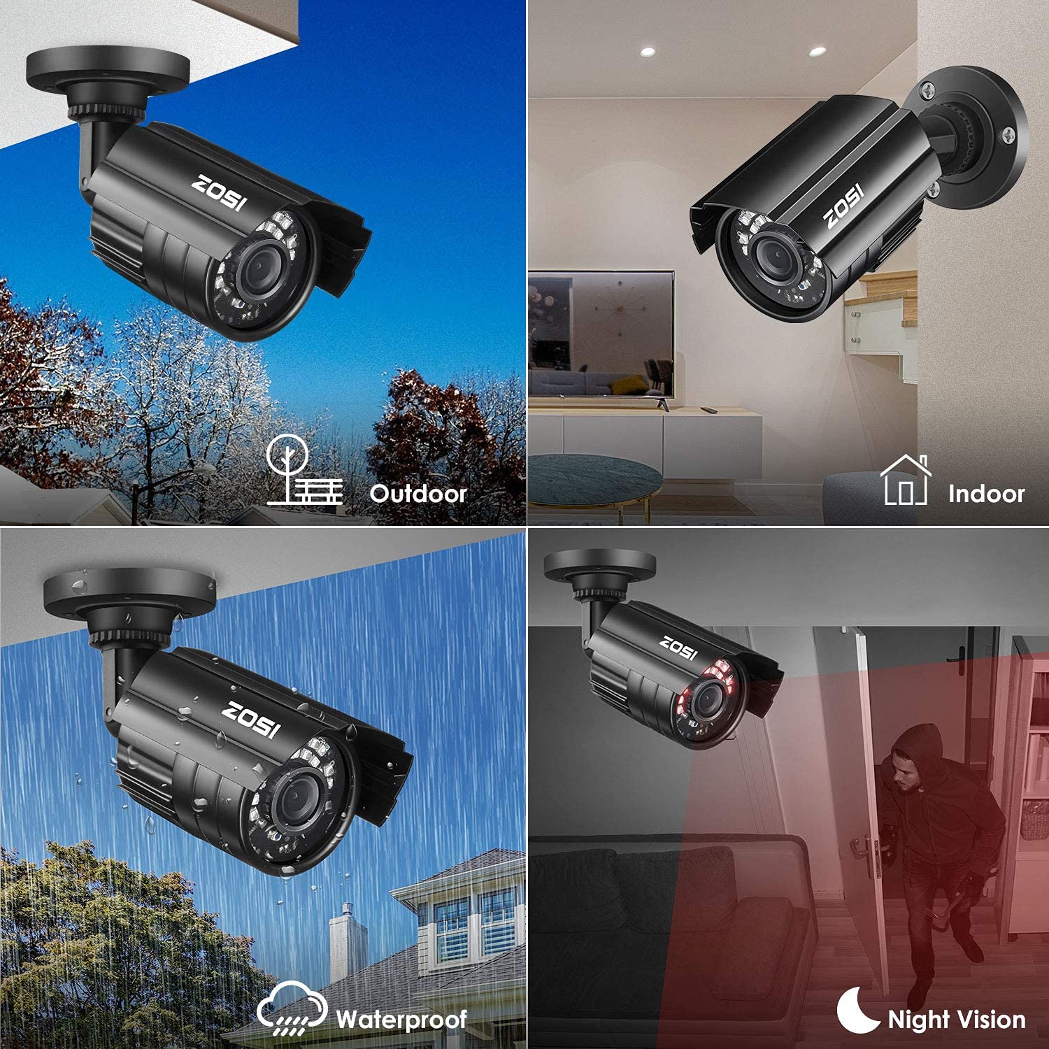 ZOSI 1080P 4 Pack HD-TVI Security Bullet Cameras Outdoor Indoor Weatherproof with 24pcs IR LEDs 65ft Night Vision for 2.0MP Surveillance TVI CCTV System (Renewed)