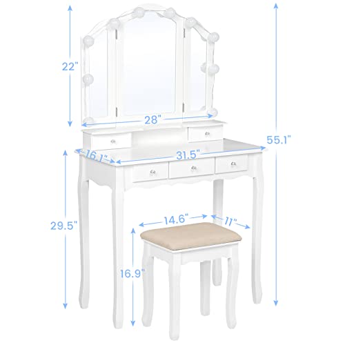 Tiptiper Makeup Vanity with Lights, Vanity Desk with Lighted Mirror and Stool, Vanity Set with 5 Drawers, 3 Light Settings & Adjustable Brightness, White
