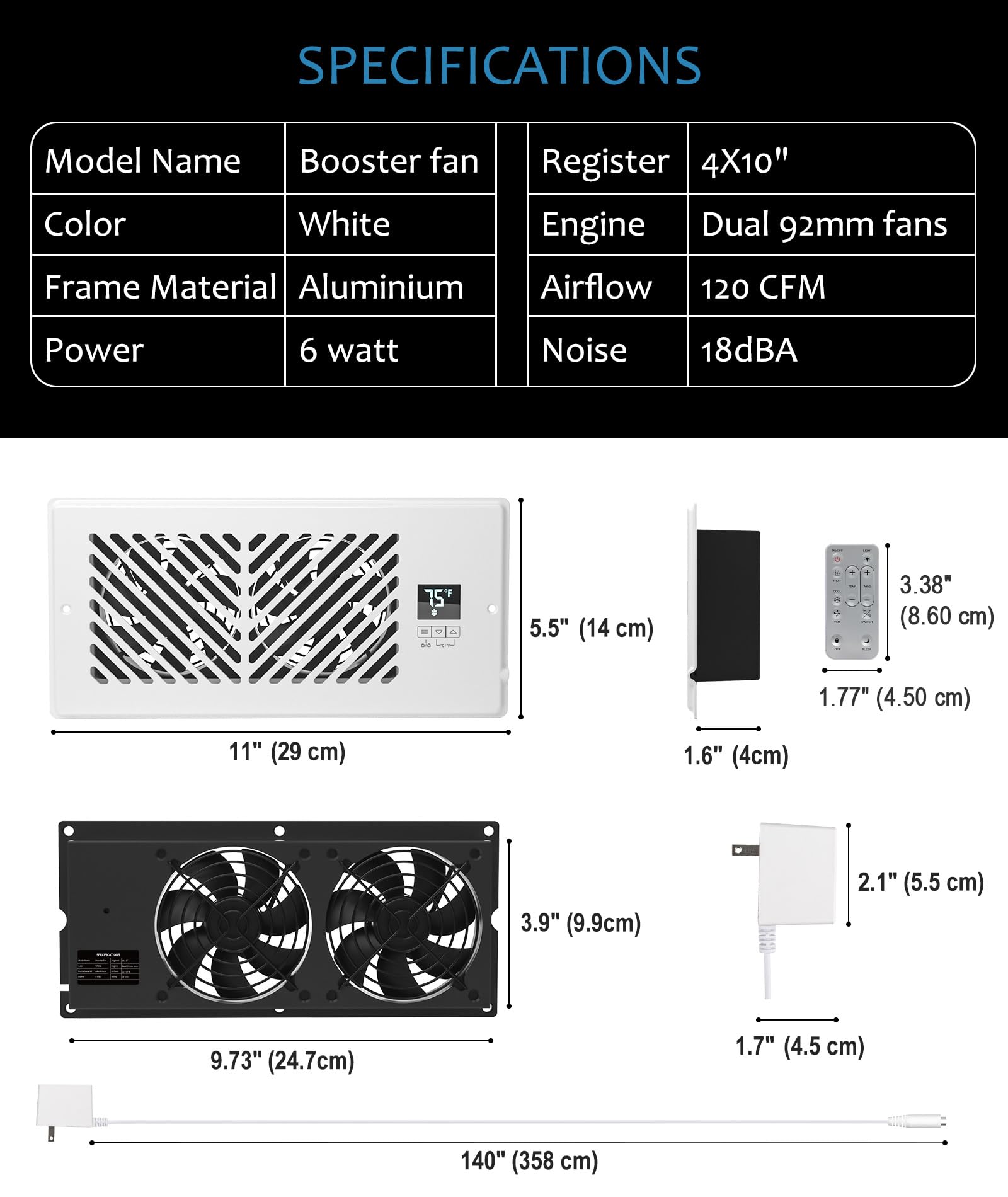 Abida 4" x 10" Register Booster Fan with Thermostat Control, Quiet Smart Register Vent with 10 Gear Wind Speed, Aluminum Frame Heating Cooling AC Vent (White, With Remote)