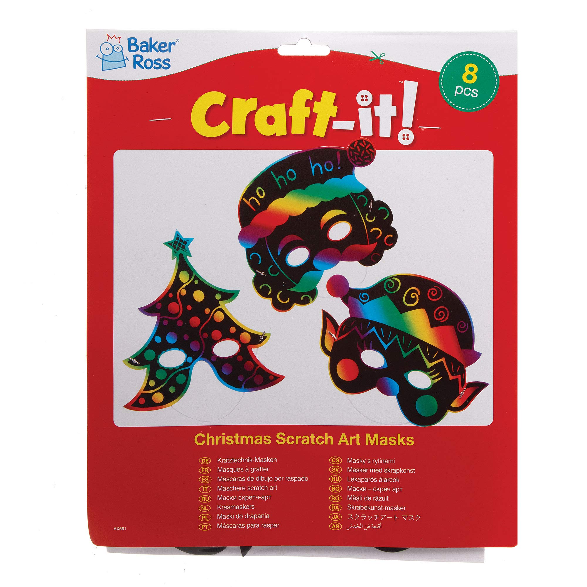 Baker Ross AX561 Christmas Scratch Art Masks for Dress Up Play - Pack of 8, Magic Scratch Art and Craft Kits for Kids Xmas Eve Activities
