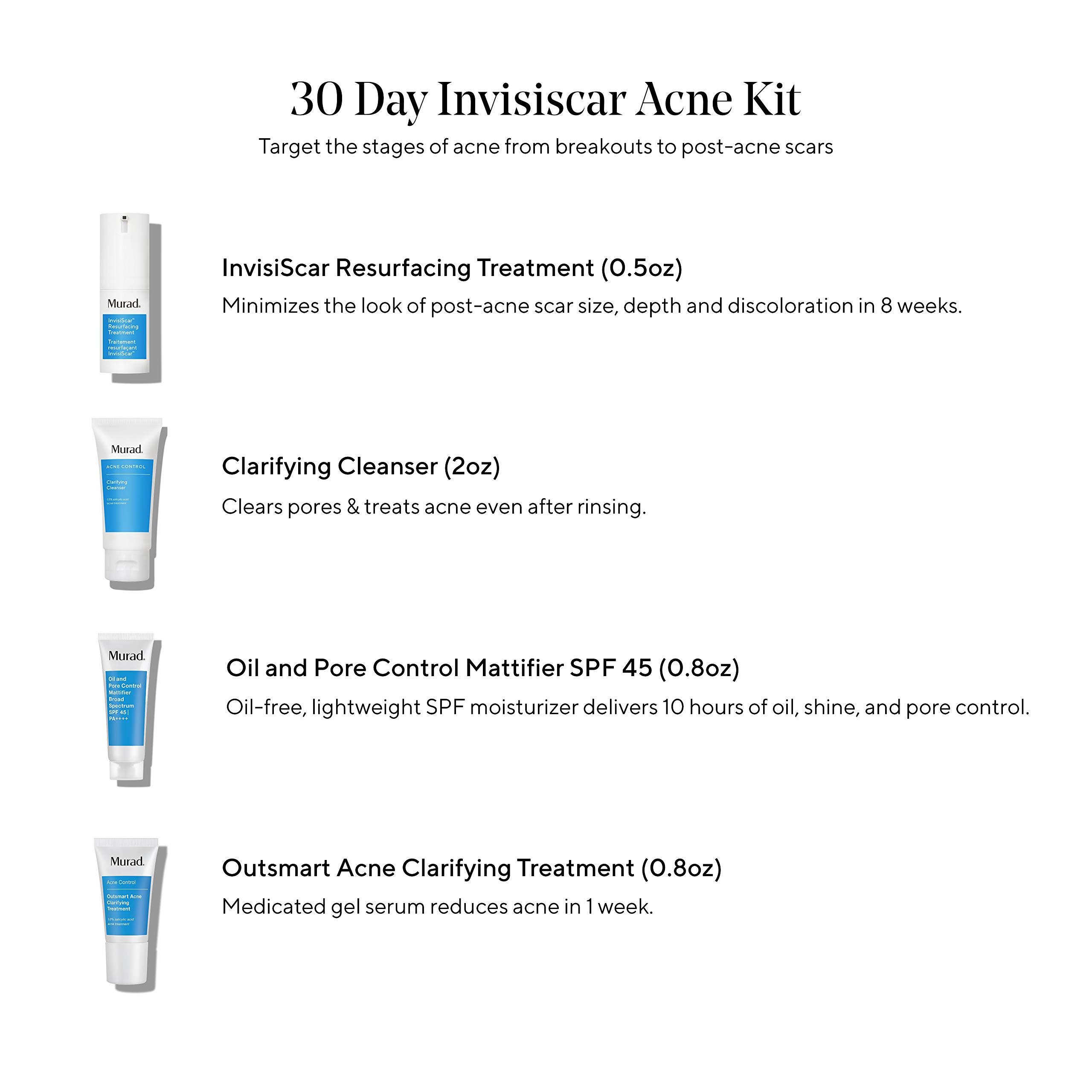 Murad 30-Day Invisiscar Acne Kit - 4-Piece Set $85 Value - Clarifying Cleanser, Oil & Pore Control Mattifier, Outsmart Acne Treamant, full size InvisiScar Treatment
