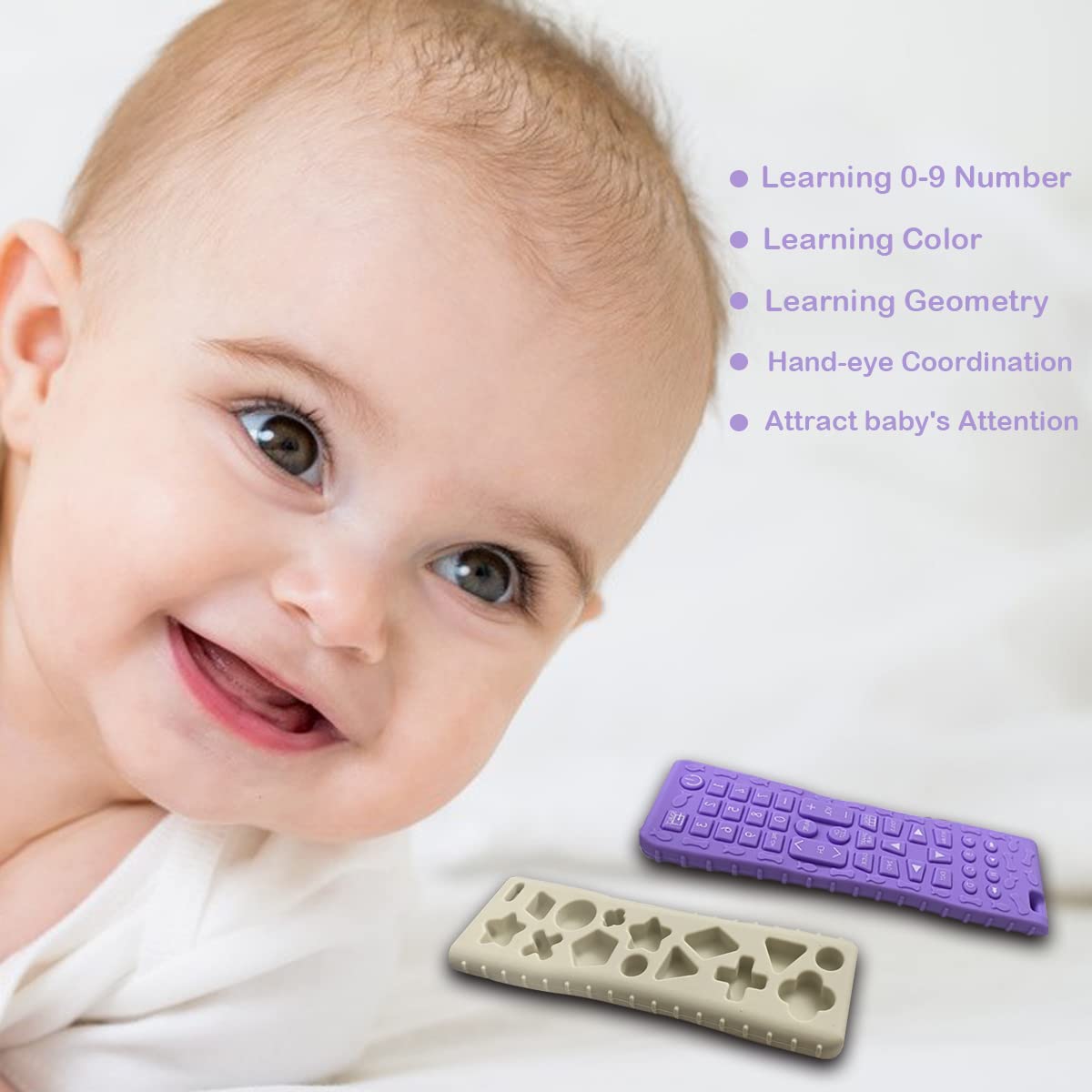 2PCS Baby Soft Silicone Teething Toys, Baby Chew Teether with Texture, Early Educational TV Remote Control Style Toy to Learning Shape, Color and Sensory Development for 3 Months+ Toddlers
