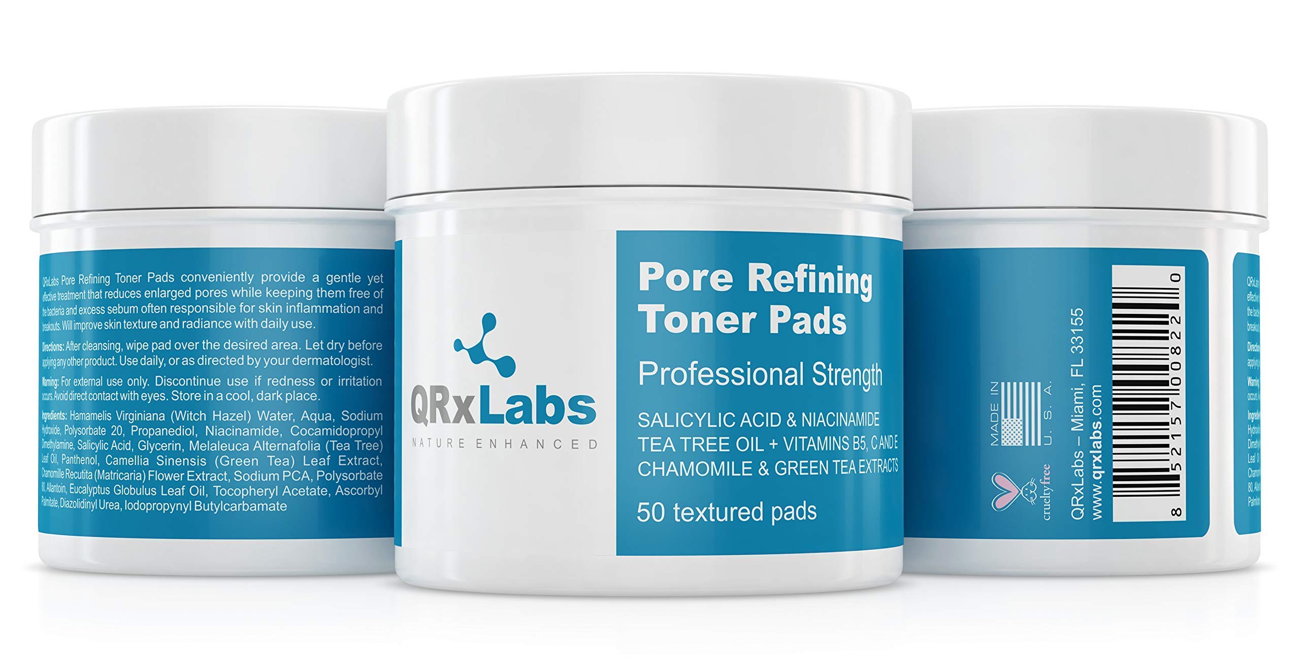 Pore Refining Toner Pads with Salicylic Acid and Niacinamide in a Witch Hazel Solution - with Vitamins B5, C & E, Chamomile & Green Tea - Helps Reduce The Look of Enlarged Pores
