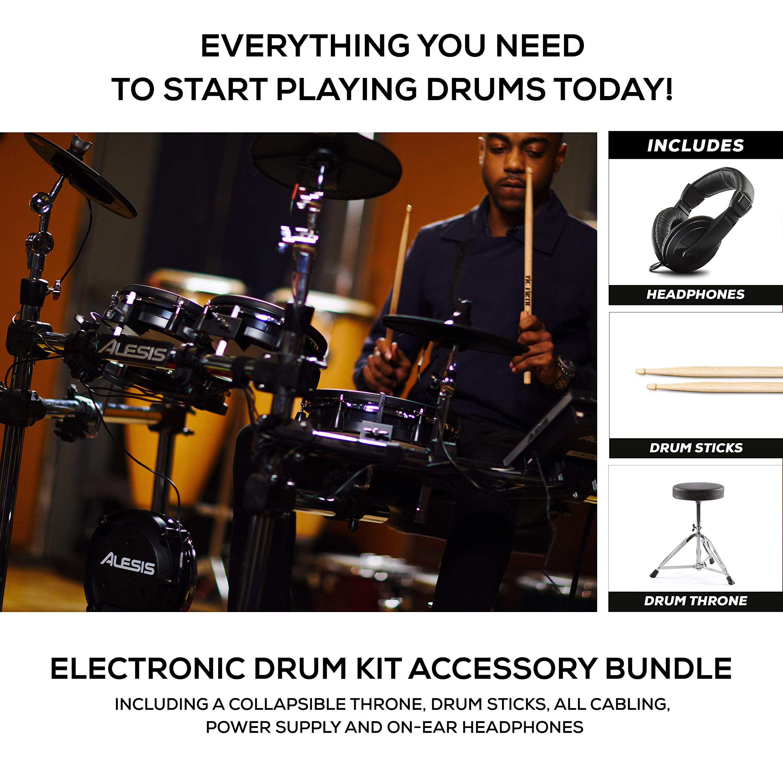 Alesis Drums Command Mesh Kit Bundle – Electric Drum Set With an Eight-Piece Mesh Electronic Drum Kit, Drum Throne, Headphones and Drum Sticks