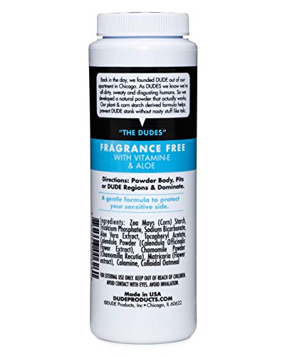 DUDE Body Powder - Fragrance Free 4 Ounce (3 Bottle Pack) Natural Deodorizers With Chamomile & Aloe, Talc Free Formula, Corn-Starch Based Daily Post-Shower Deodorizing Powder for Men